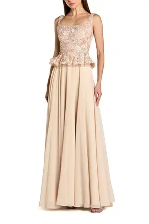 Mac Duggal Embroidered Peplum Top Chiffon Skirt Gown - Champagne
