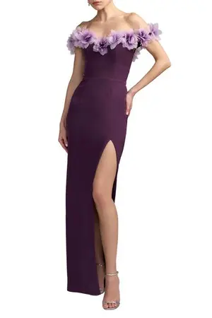 Mac Duggal Off-the-shoulder 3d Floral Column Gown With Slit - Plum
