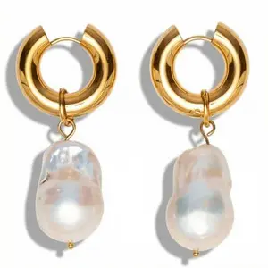 BLISS DIAMOND 18k Gold Plated Fresh Water Pearl Hoop Earrings - 18k Yellow Gold