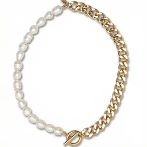 BLISS DIAMOND 18k Gold Plated Pearl And Curb Link Necklace - 18k Yellow Gold