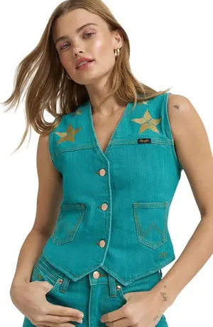 Wrangler X Lainey Wilson Embroidered Denim Vest - Turquoise