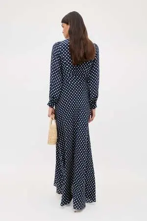 Rixo Emory Runway Spot Silk Maxi Dress - Navy