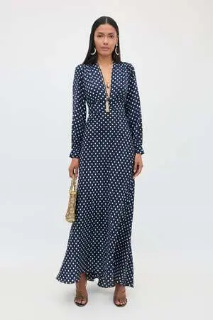 Rixo Emory Runway Spot Silk Maxi Dress Navy