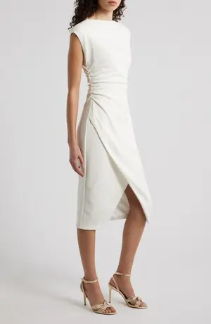Vince Camuto Cap-sleeve Ruched Scuba Crepe Midi Dress - Ivory