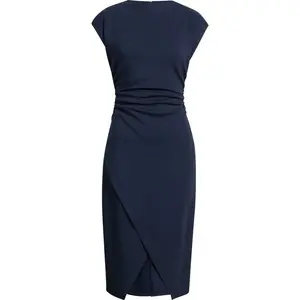 Vince Camuto Cap-sleeve Ruched Scuba Crepe Midi Dress - Navy