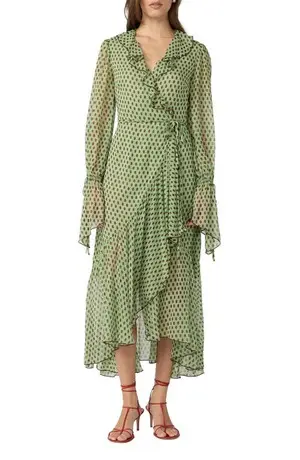 Diane Von Furstenberg Thena Polka Dot Ruffle Trim Wrap Midi Dress