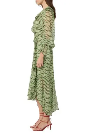 Diane Von Furstenberg Thena Polka Dot Ruffle Trim Wrap Midi Dress