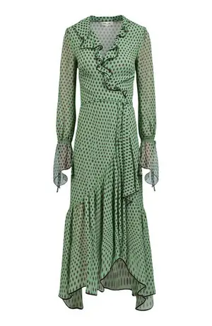 Diane Von Furstenberg Thena Polka Dot Ruffle Trim Wrap Midi Dress