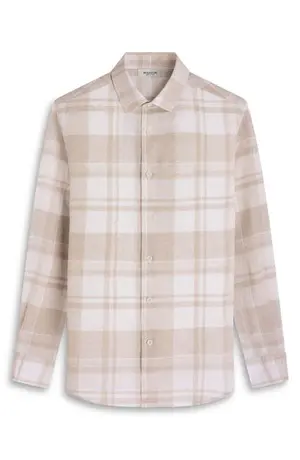Bugatchi Julian Shaped Fit Plaid Linen Button-up Shirt - Sand