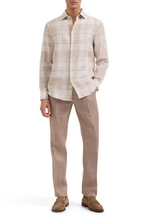 Bugatchi Julian Shaped Fit Plaid Linen Button-up Shirt - Sand