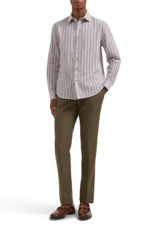 Bugatchi Julian Shaped Fit Stripe Cotton & Linen Button-up Shirt - Camel