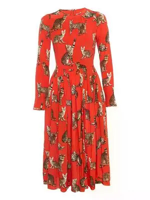Dolce & Gabbana Long-sleeve Cat-print Midi Dress - Red