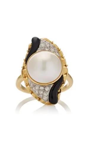 FOR FUTURE REFERENCE VINTAGE 1980's Yellow Onyx, Mabe Pearl, & Diamond Ring - Gold