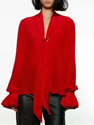 GRACE FAENA Long Sleeve Ruffled Necktie Blouse