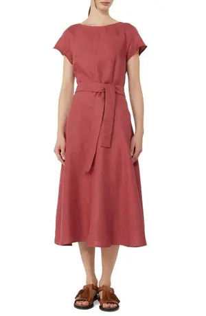 Max Mara Esordio Belted Linen Canvas A-line Midi Dress - Cherry