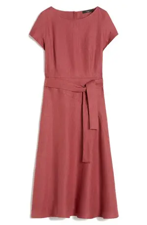 Max Mara Esordio Belted Linen Canvas A-line Midi Dress - Cherry