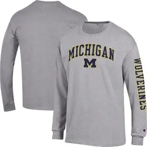 Champion Michigan Wolverines Arch Over Logo 2-hit Long Sleeve T-shirt - Heather Gray