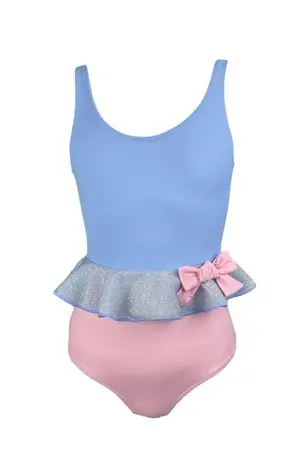 NESSI BYRD Silver Shimmer Ruffle And Bow One-piece Swimsuit - Blue-pink