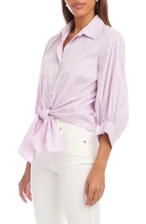 Karen Kane Embellished Striped Tie Front Top - Pink