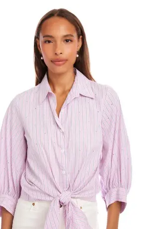 Karen Kane Embellished Striped Tie Front Top - Pink