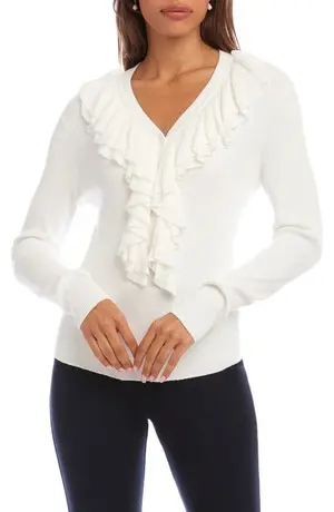 Karen Kane Ruffle V-neck Sweater - Off White