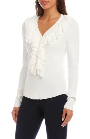 Karen Kane Ruffle V-neck Sweater - Off White