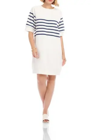 Karen Kane Stripe Fleece Shift Dress - Off-white/navy