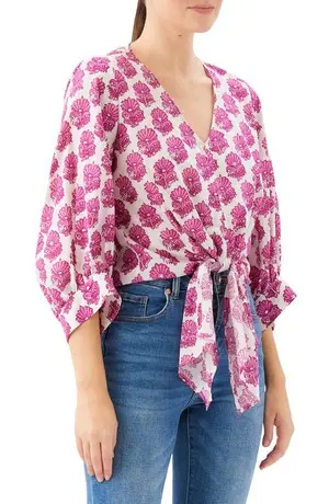 Karen Kane Batik Print Tie Front Cotton Top