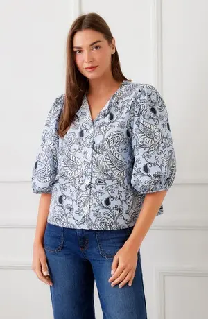 Karen Kane Puff Sleeve Button-up Top