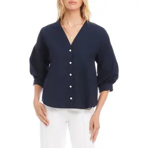 Karen Kane Lantern Sleeve Button-up Shirt - Navy