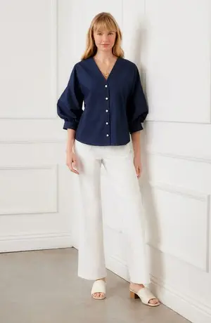Karen Kane Lantern Sleeve Button-up Shirt - Navy