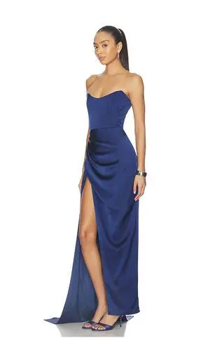 Katie May Strapless Draped Gown With Thigh-high Slit - Navy