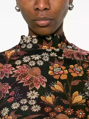 Farm Rio Long Sleeve Floral Print T-shirt - Black
