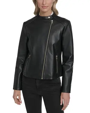 Cole Haan Stand Collar Leather Racer Jacket - Black