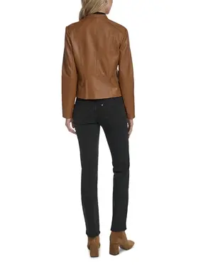 Cole Haan Stand Collar Leather Racer Jacket - Hazelnut