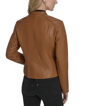 Cole Haan Stand Collar Leather Racer Jacket - Hazelnut
