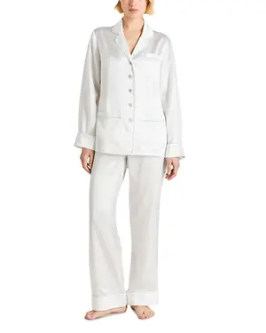 Olivia Von Halle Silk Woven Long Pajama Set - Ivory Powder Blue
