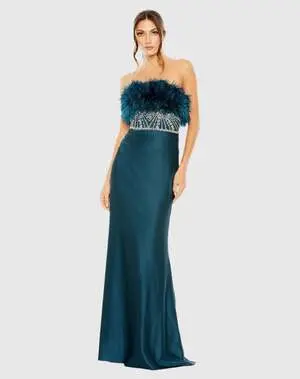 Mac Duggal Strapless Feather And Rhinestone Detailed Gown