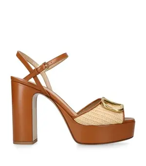 Valentino Garavani Raffia Vlogo Signature Heeled Platform Sandals 115 - Beige