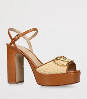 Valentino Garavani Raffia Vlogo Signature Heeled Platform Sandals 115 - Beige