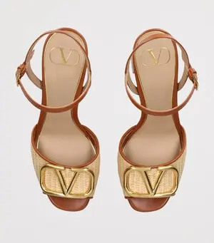 Valentino Garavani Raffia Vlogo Signature Heeled Platform Sandals 115 - Beige