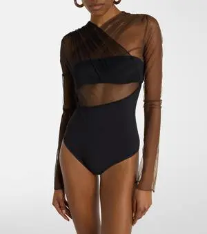 NENSI DOJAKA Cutout Ruched Sheer Bodysuit - Black