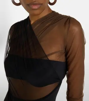 NENSI DOJAKA Cutout Ruched Sheer Bodysuit - Black