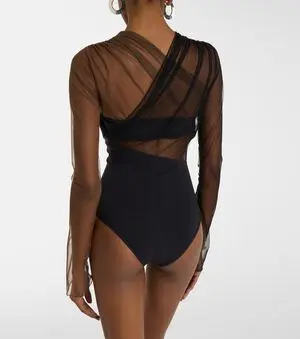 NENSI DOJAKA Cutout Ruched Sheer Bodysuit - Black