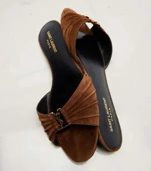 Saint Laurent Cassandre Suede Slides - Brown