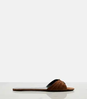 Saint Laurent Cassandre Suede Slides - Brown