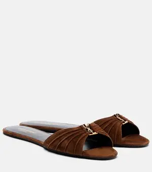 Saint Laurent Cassandre Suede Slides - Brown
