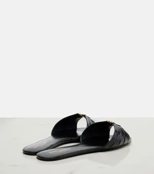 Saint Laurent Cassandre Leather Slides - Black