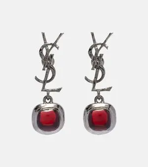 Saint Laurent Cassandre Embellished Drop Earrings Silver