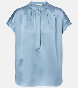 Vince Gathered Silk Satin Blouse - Blue